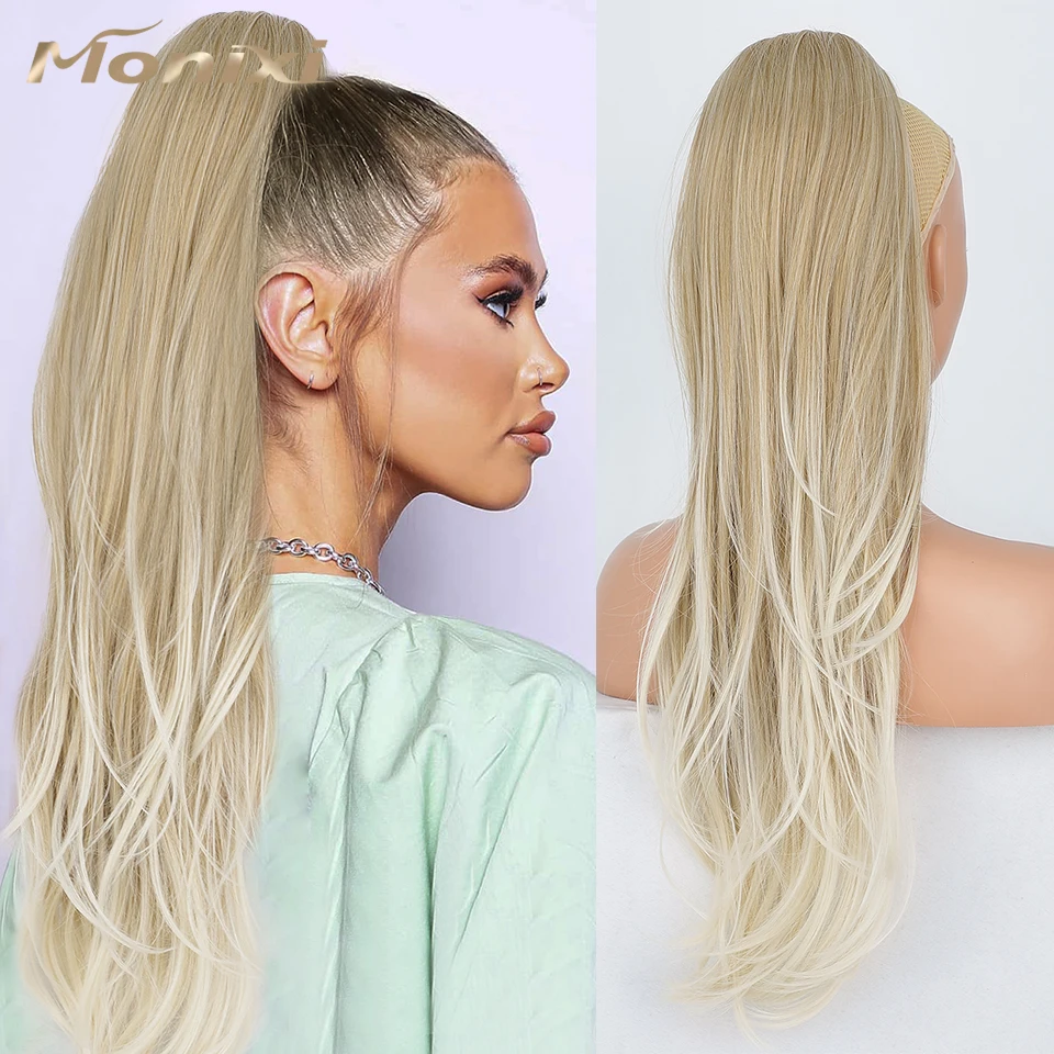 MONIXI-Synthesic-Long-Wavy-Ombre-Platinum-Drawstring-Straight-Ponytail ...