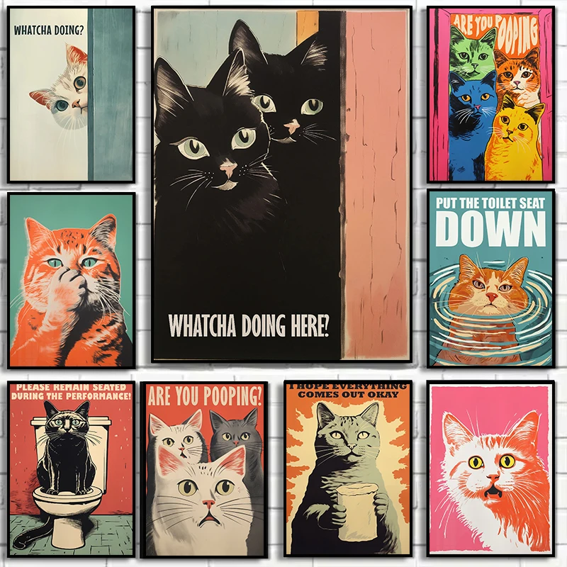 Vintage and Fun Cat Series Poster Printing Canvas Art Painting Bathroom ...