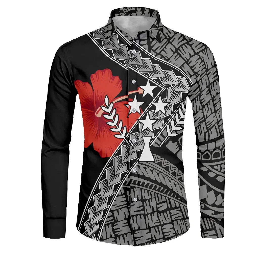Summer-Long-Sleeve-Button-Shirt-Polynesian-Tribal-Hibiscus-Flower-Print ...