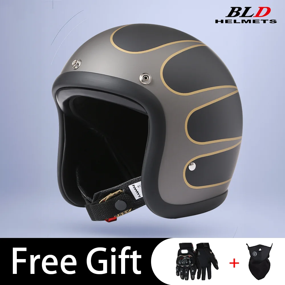 BLD Motorcycle Helmet Retro Open Face Adjustable Strap Cruiser Scooter ...