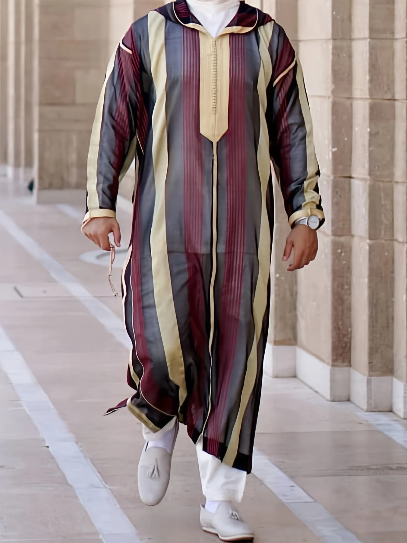 Men-s-Moroccan-Thobe-Vintage-Style-Stripe-Pattern-Long-Sleeve-Hooded ...