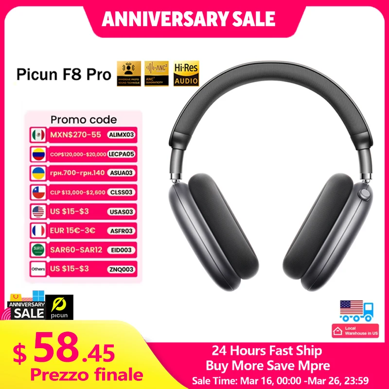 Picun F8 Pro ANC Wireless Headphones Head Tracking 3D Spatial Audio ...