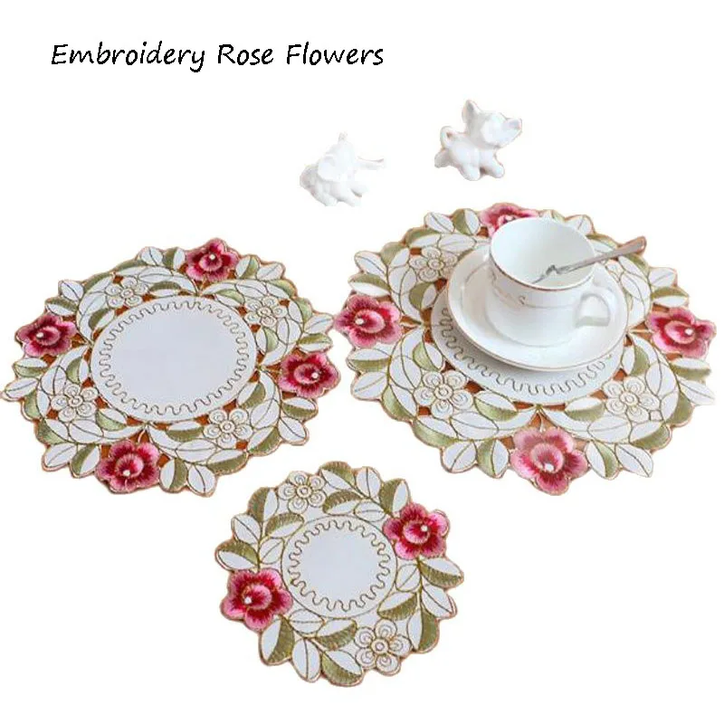 Popular-round-rose-flower-embroidery-table-place-mat-pad-cloth-placemat ...