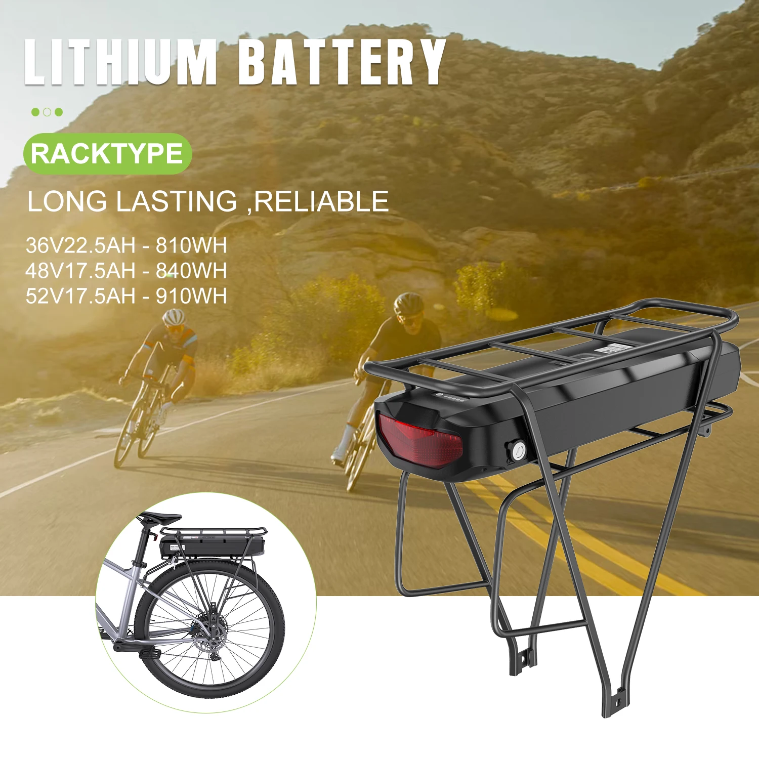 36V 48V 52V Ebike Rear Rack Battery 17.5Ah 20.8Ah 18650 Li-ion Lithium ...