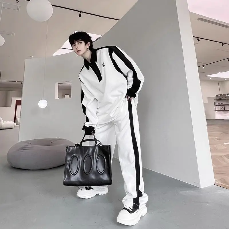 Elegant-Black-White-Color-Contrast-Polo-Set-For-Men-Long-Sleeved-Polo ...