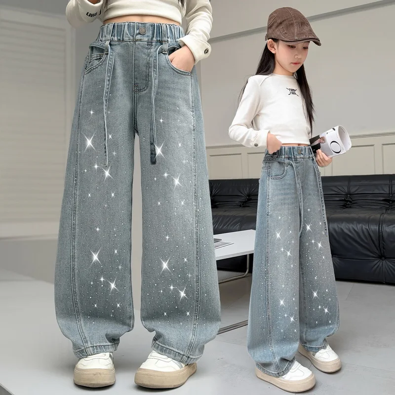 New Arrival Children Straight Fit Rhinestone Jeans with Drawstring for ...