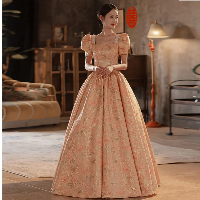 Elegant French Prom Ball Gown Women Square Collar Puff Sleeve Party ...