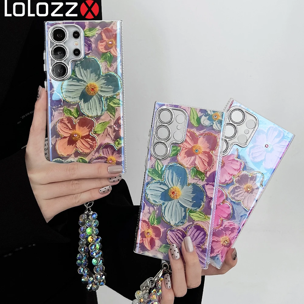 Luxury Flower Pattern Glitter Laser Phone Case with Wrist Strap Rope ...