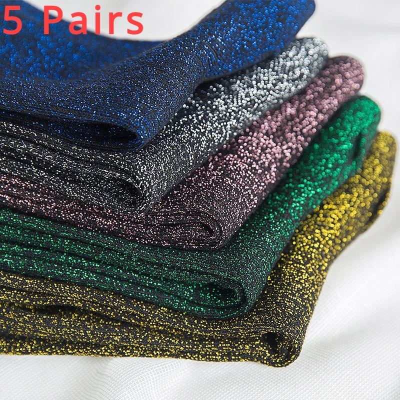 5 Pairs Glitter Socks Women Gold Silver Mid Tube Crew Socks Summer ...