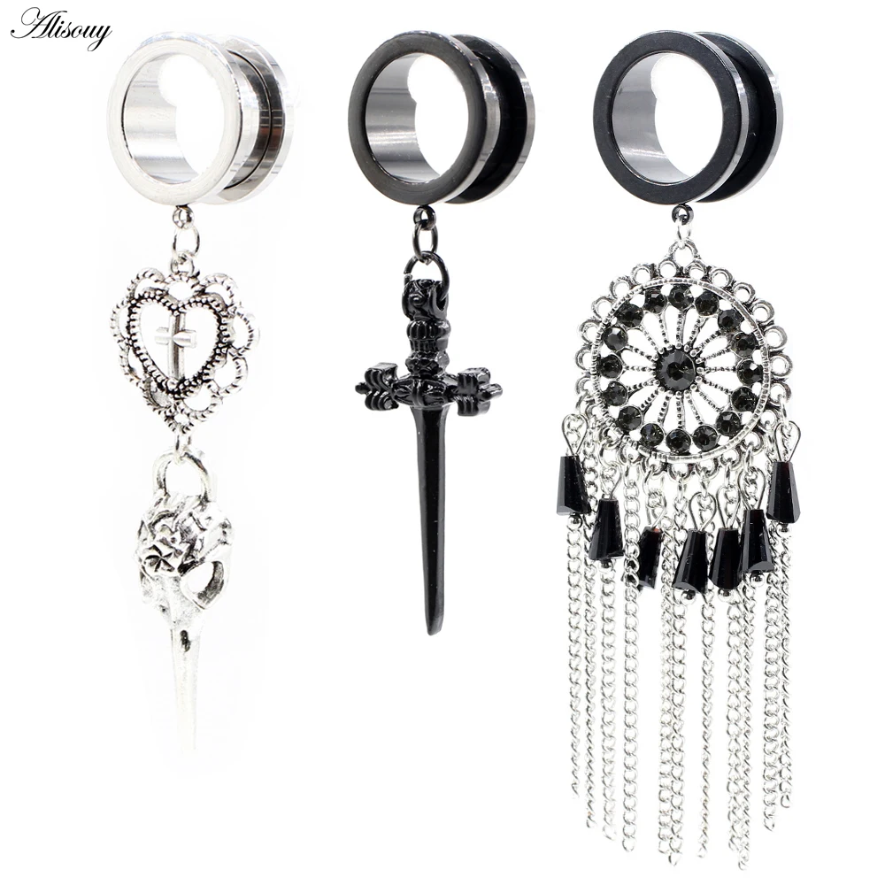 Alisouy 2PCS Stainless Steel Cross Heart Sword Tassel Skull Ear Plugs Tunnels Expander Stretcher ...