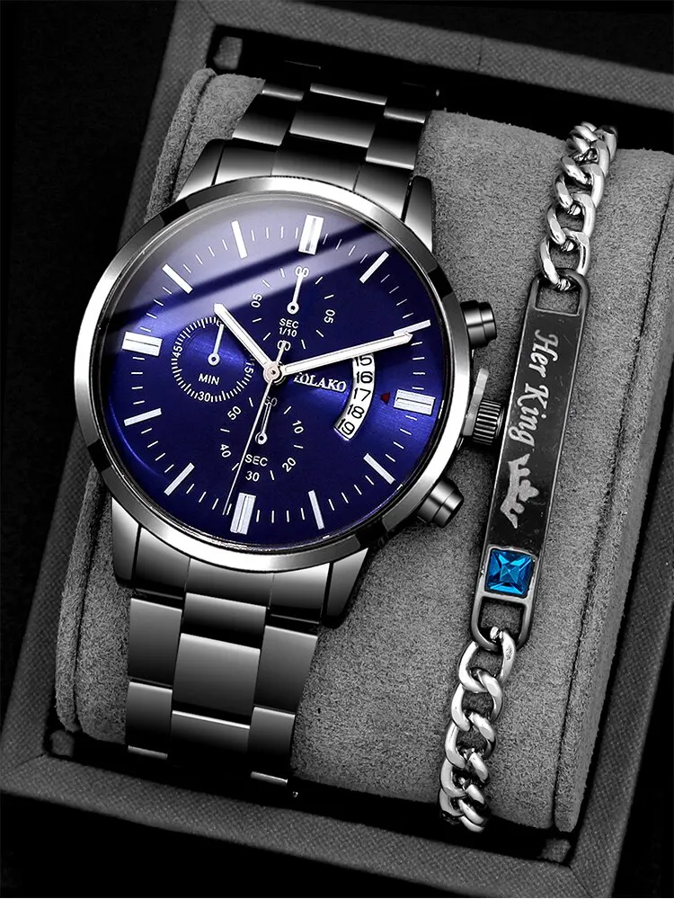 2PCs-Men-s-Business-Gentleman-Steel-Band-Calendar-Quartz-Watch-Chain ...