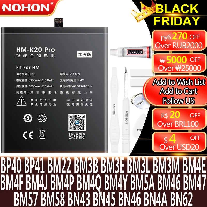NOHON-BP40-BP41-BM4E-BM4Y-BM4J-BN46-BN4A-BN45-BM3L-BM3M-BM3B-BM3E-bater ...