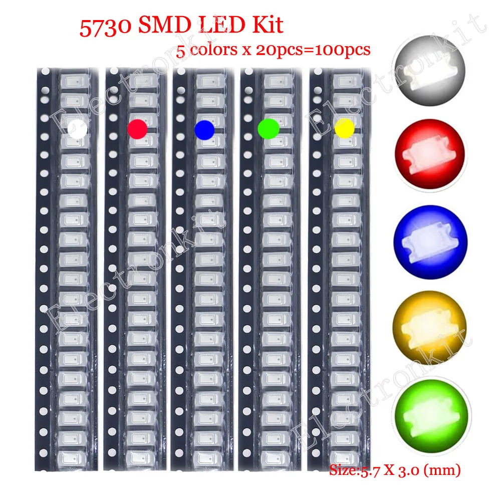 100pcs SMD LED Kit 0402 0603 0805 1206 1210 5730 5050 Red/Green/Blue ...
