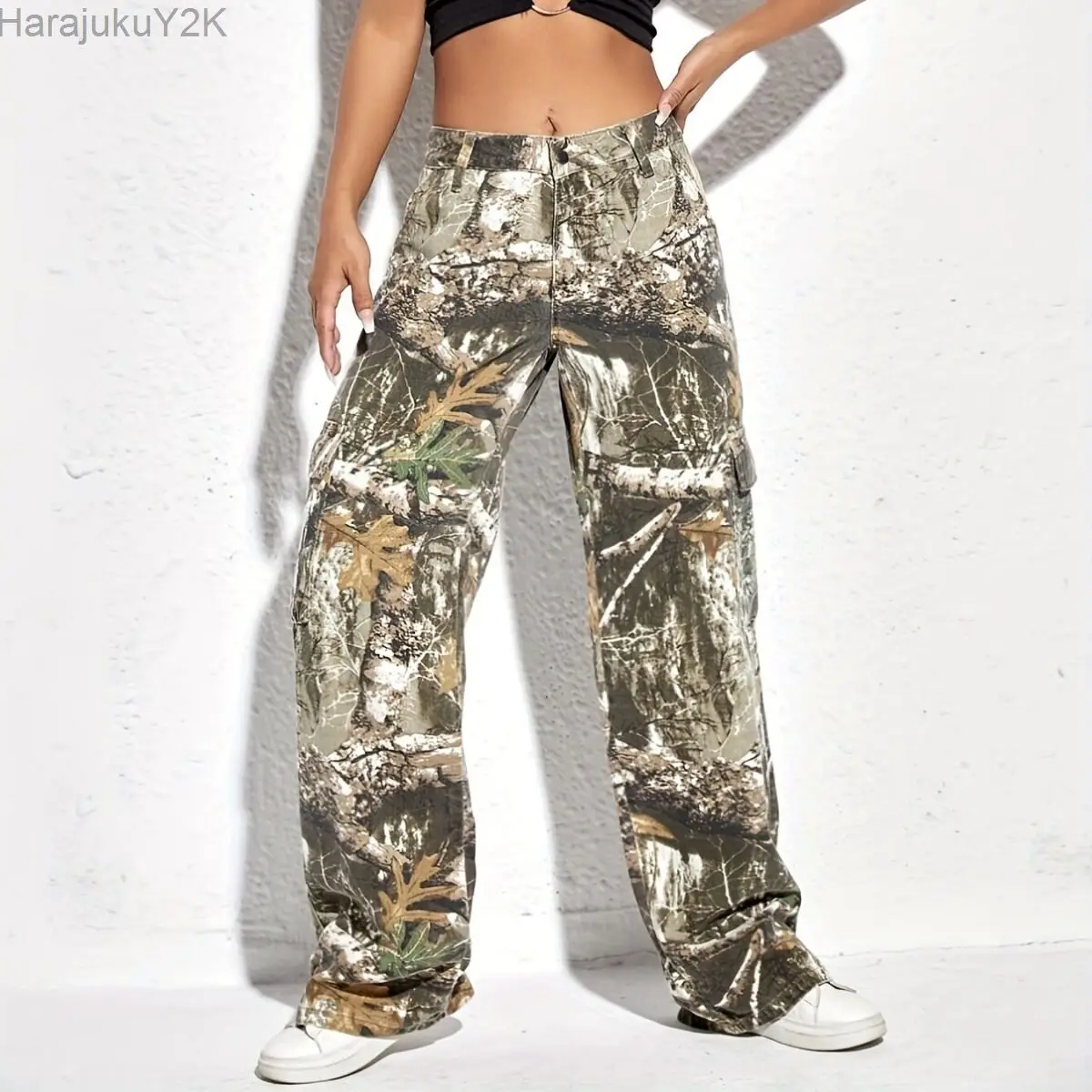 Camouflage-Denim-Trousers-For-Women-High-Waist-Patchwork-Button ...