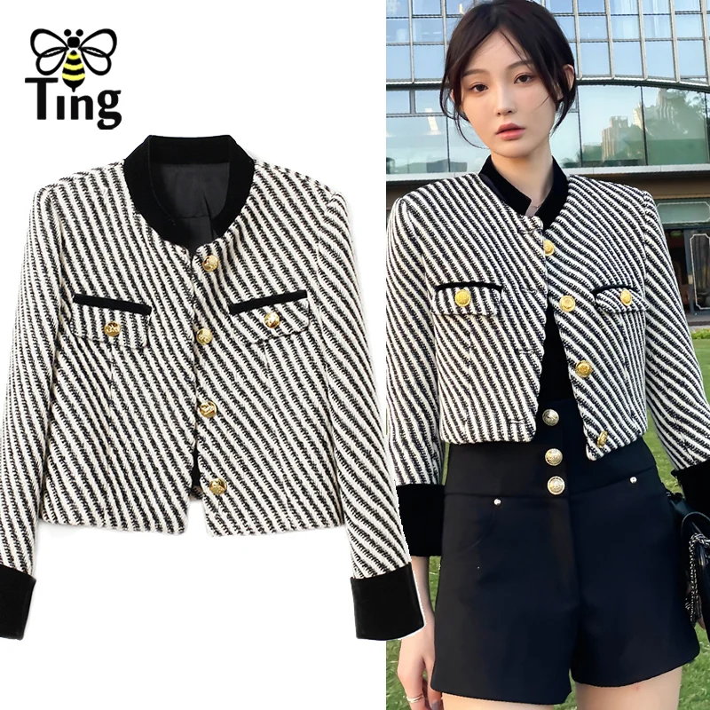 Tingfly-Women-Striped-Single-Breasted-Short-Stylish-Tweed-Jacket-Coats ...