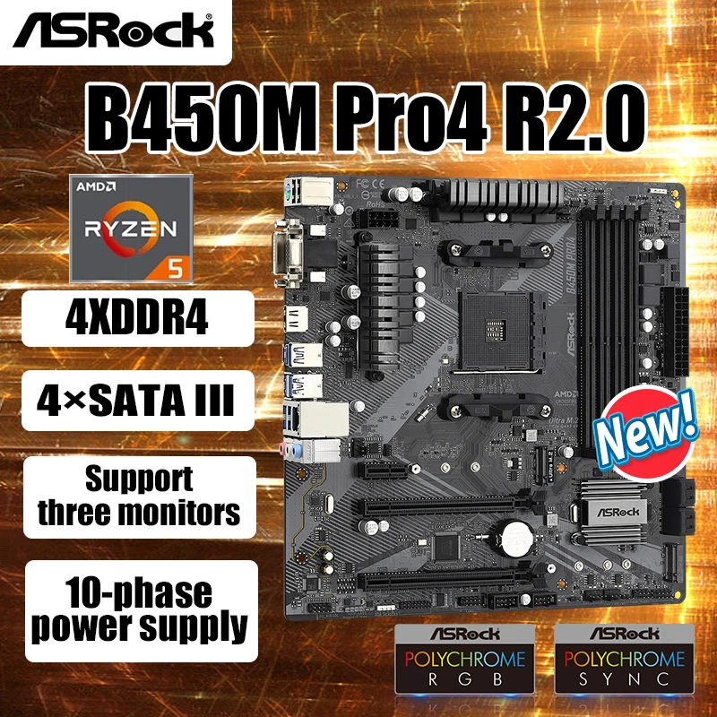 ASRock B450M Pro4 R2.0 메인보드, 마이크로 ATX AMD B450, AM4 마더보드, DDR4 128GB SATA3 지원, R5 5500 5600 G ...