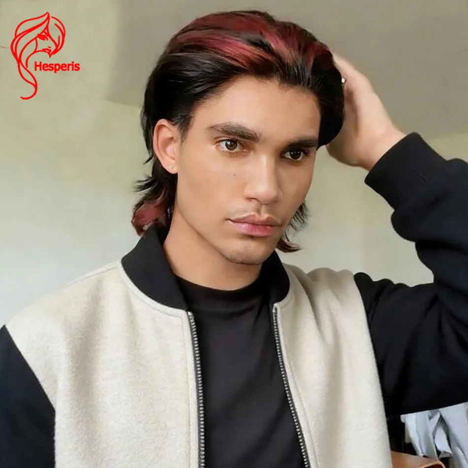 Hesperis Men's Short Pixie Cut Mullet Wig with Red Highlights Brazilian ...