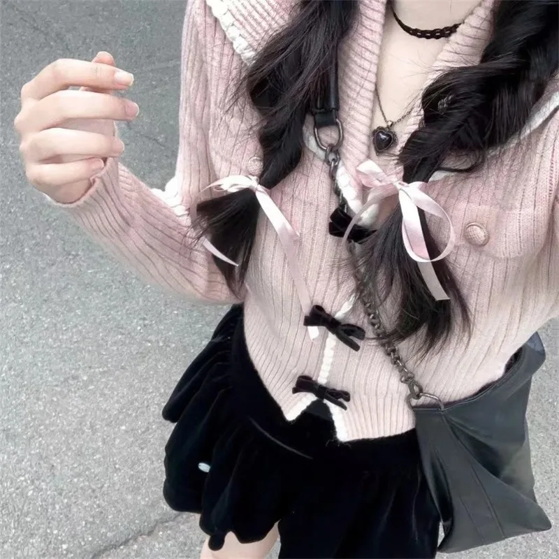 Fashion-Japanese-Style-Bow-Sweaters-Short-Length-Slim-Fit-Pink-Sweet ...