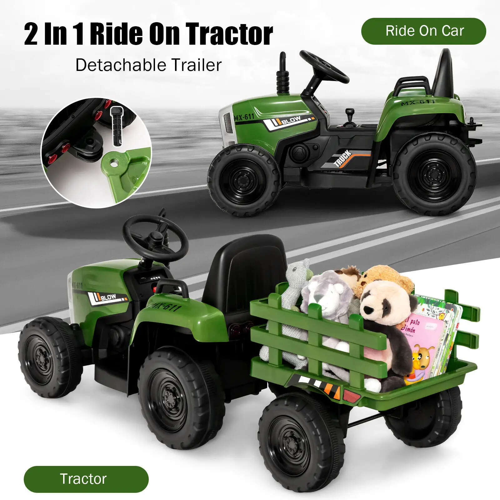 12V Kids Ride On Electric Tractor with Trailer Ground Loader with ...