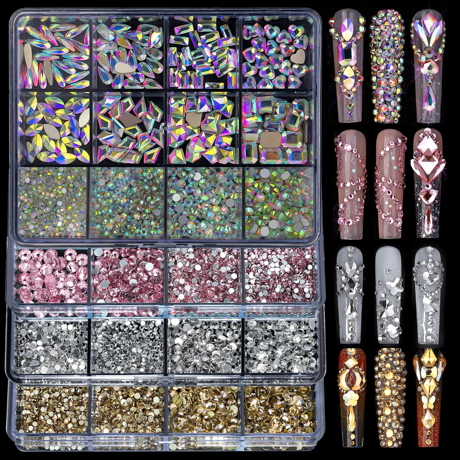 12Grids-AB-Drill-Mulit-Shaped-Flatback-Rhinestones-Set-For-Nails-Pink ...