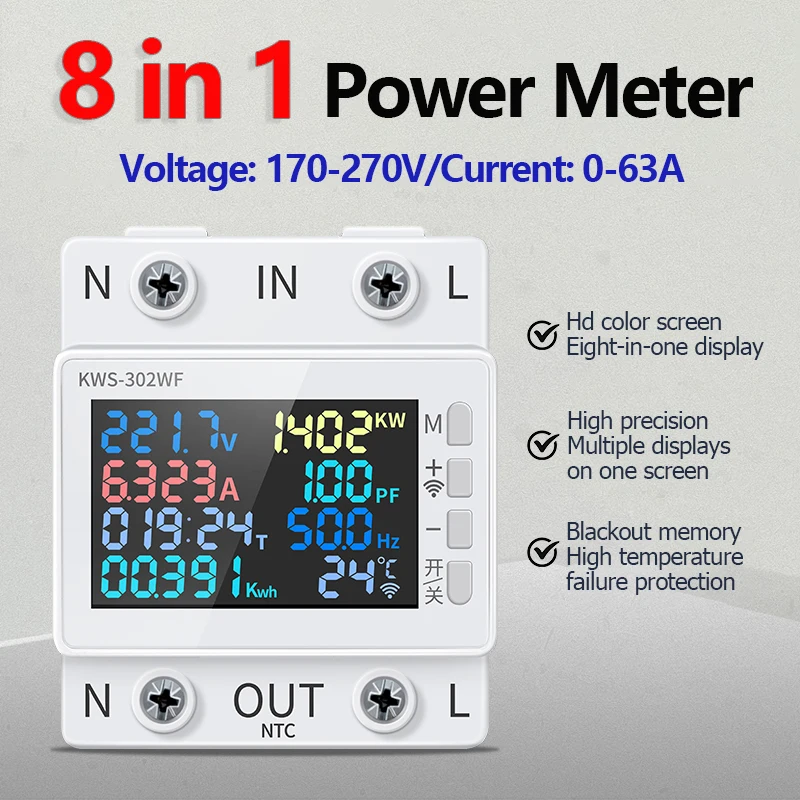 170-270-V-63A-Power-Meter-8in1-Kleurenscherm-Multifunctionele ...