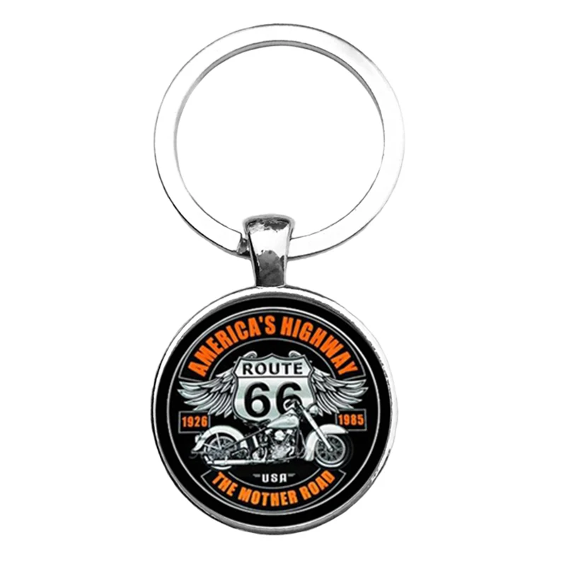 Classic-Route-66-Symbol-Key-Chain-Silver-Plated-Motorcycle-Glass-Dome ...