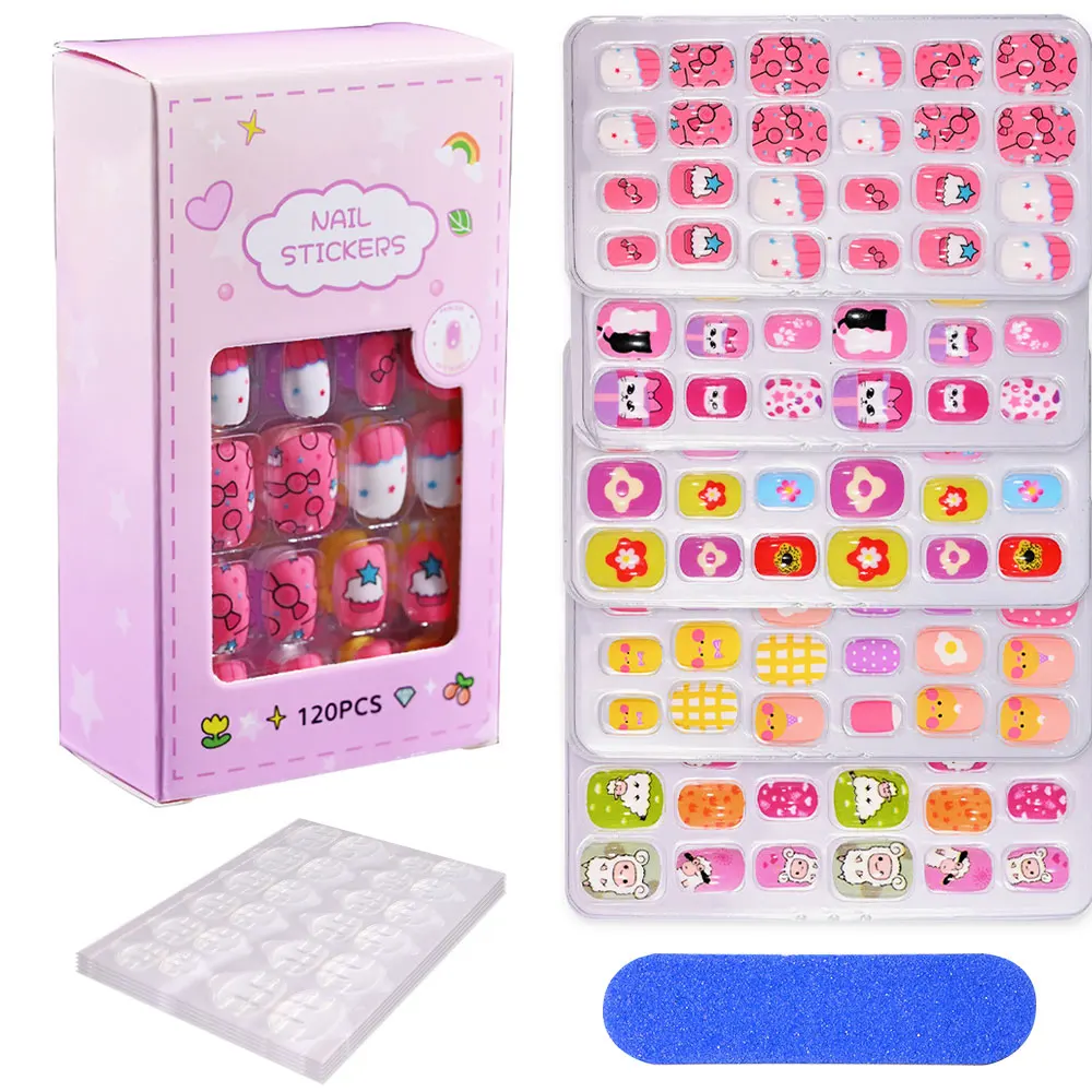 120-24pcs-box-Kids-Cartoon-Pattern-Wearing-Fake-Nails-with-5pcs-Jelly ...