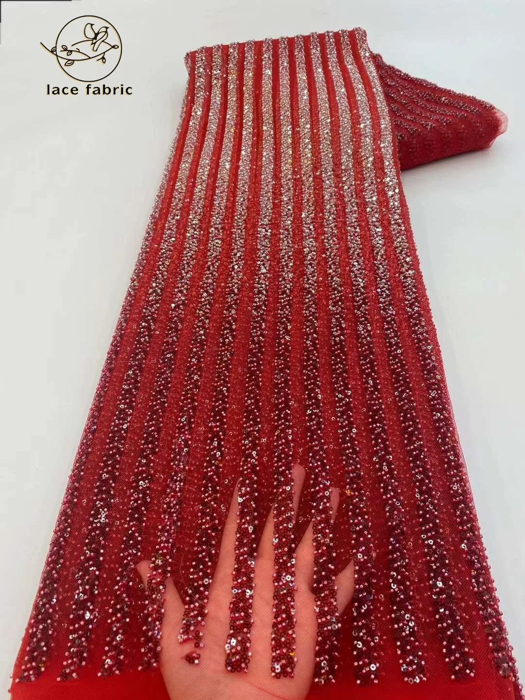 5 Yards Luxury African Sequins Lace Fabric 2023 High Quality Red French ...