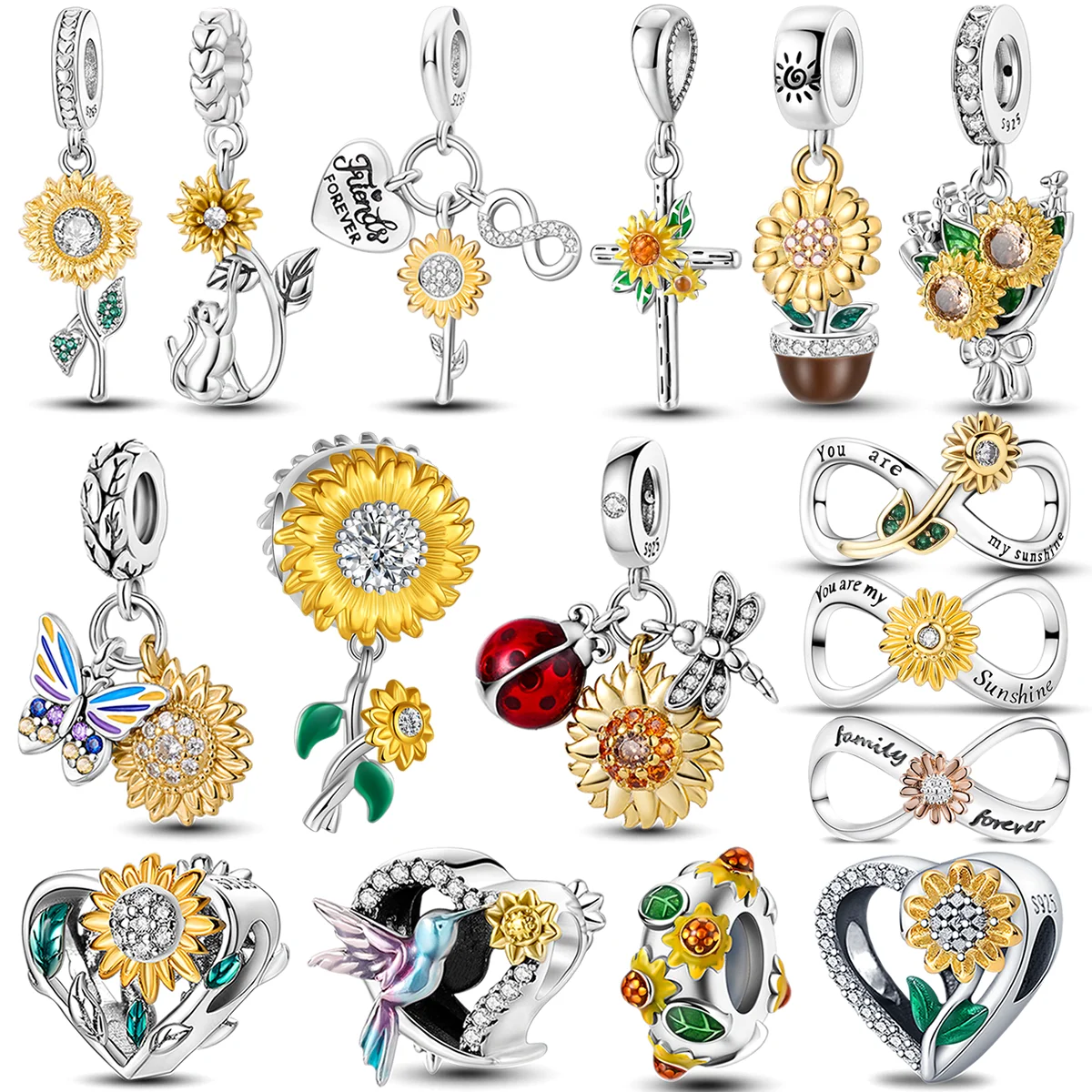 925-Sterling-Silver-Sunshine-Golden-Sunflowers-Charms-Beads-Eternal ...
