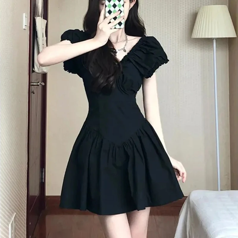 Gidyq Black A Line Mini Dress Women French Sweet Kawaii High Waist V