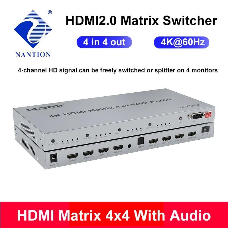 4x4 HDMI Matrix with Audio Extractor 4K@60Hz HDR 18Gbps HDMI 2.0 Matrix ...