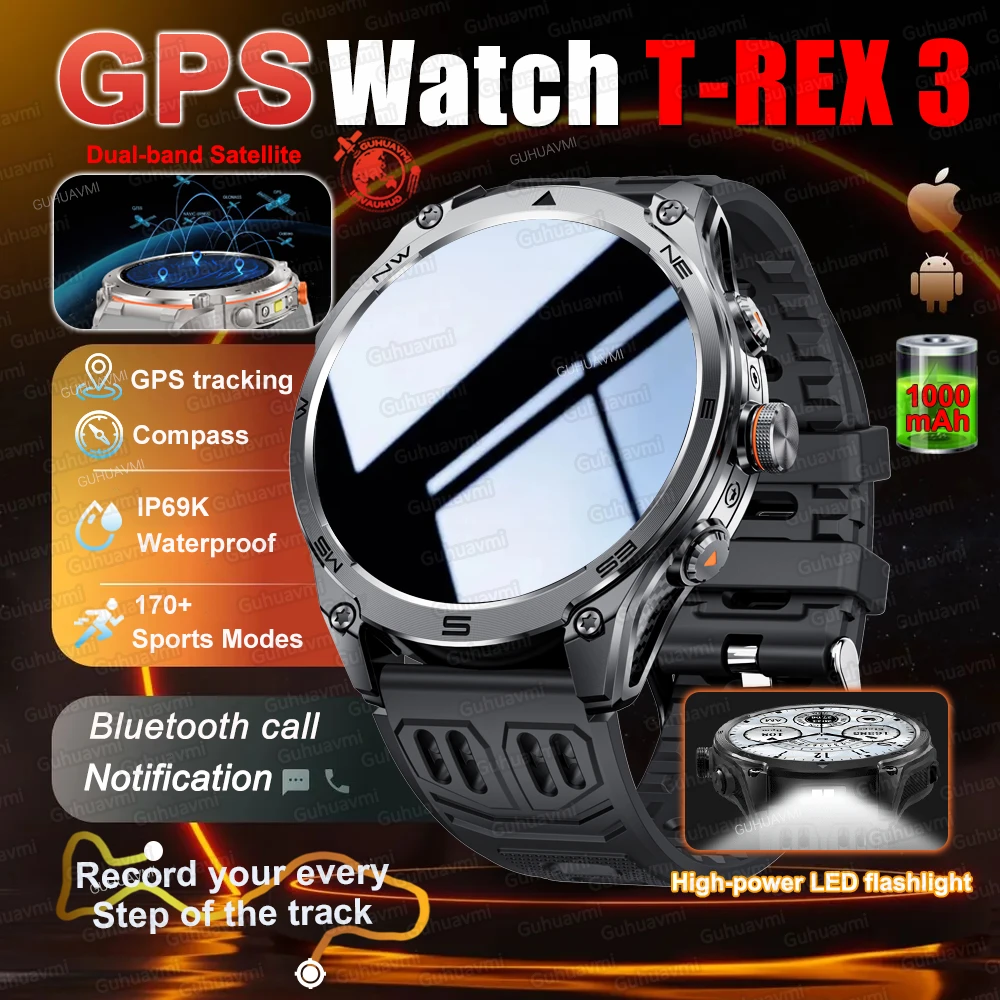 2025New Outdoor T-Rex3 GPS Sports Smart Watch Men 1.75"HD AMOLED ...