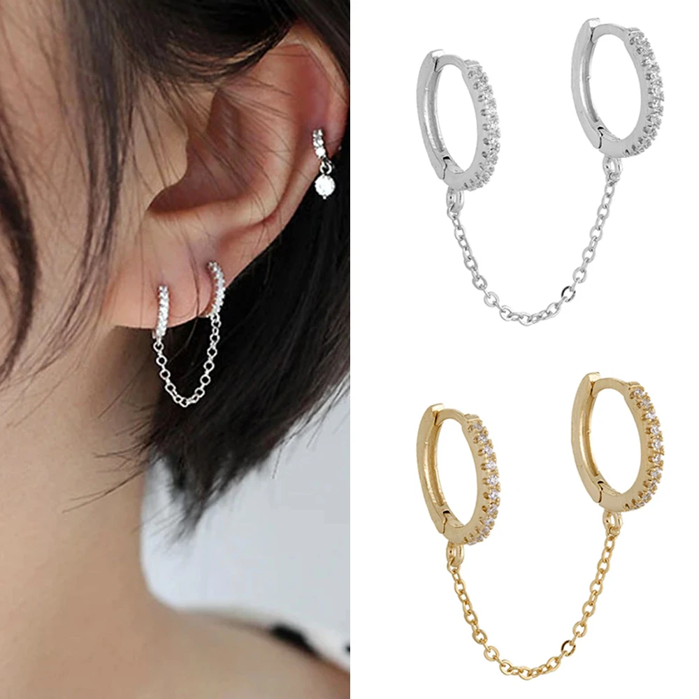 Double Hoops Earrings Chain | Unisex Double Ear Earrings | Zircon ...