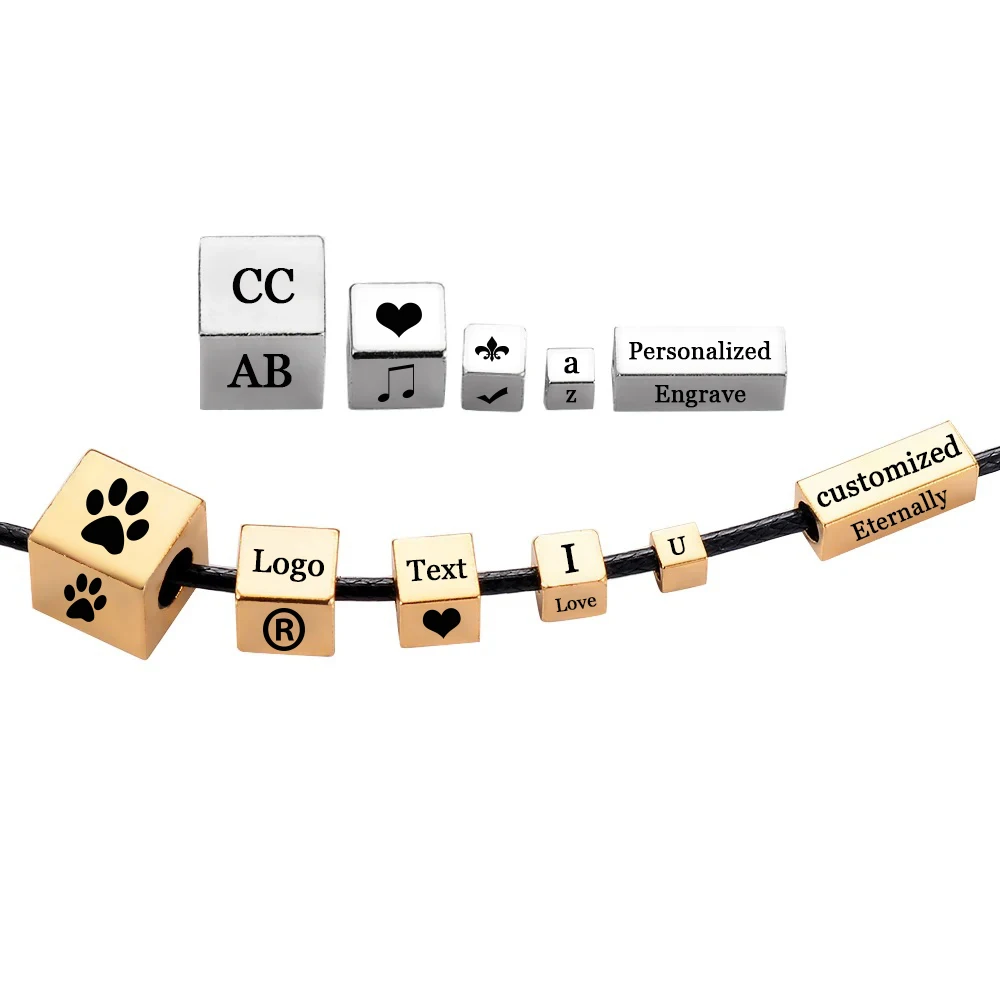 10pcs Personalized Beads Custom Logo ID Name Square Rectangle Stainless ...