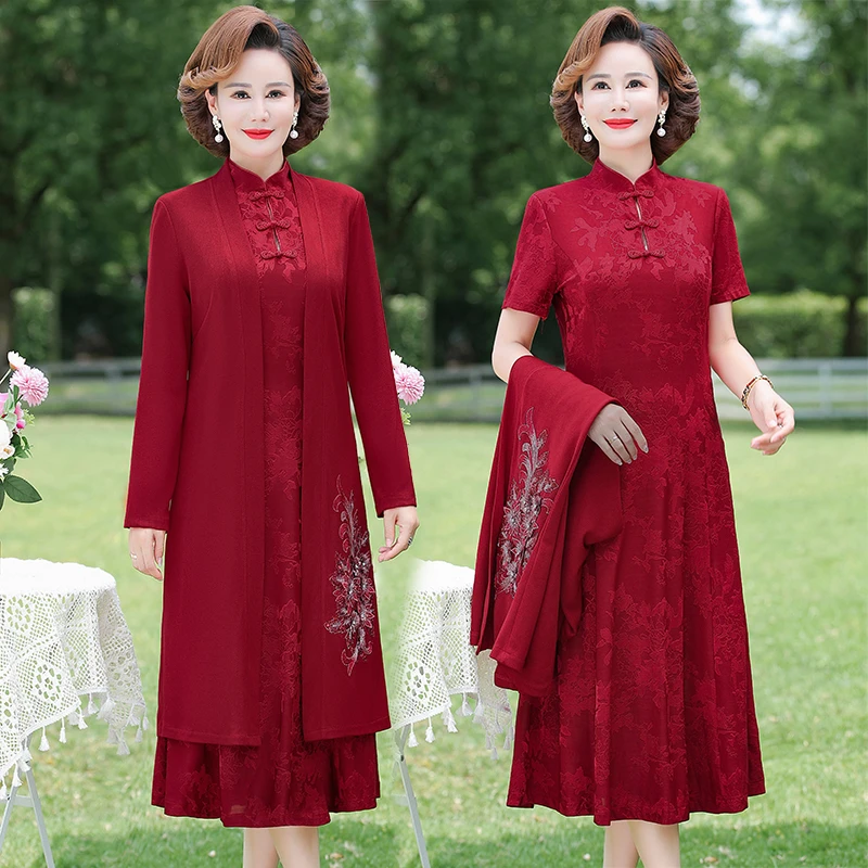 Mother-Of-the-Bride-red-Dresses-Long-Sleeve-Ruffles-Knee-length-Knitted ...