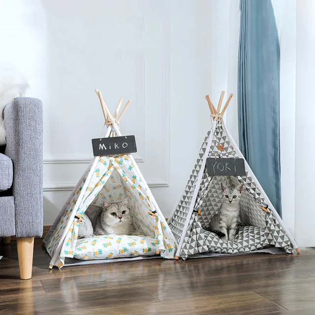 Pet Cat Dog Teepee with Cushion Portable Dog Tents Pet House Washable ...