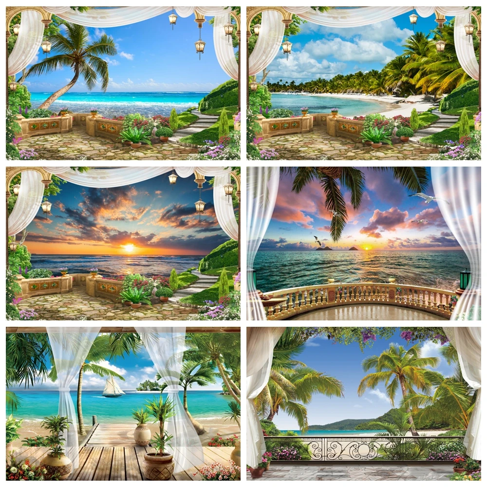 Summer Sea Landscape Backdrop Palace Balcony Curtain Tropical Beach ...