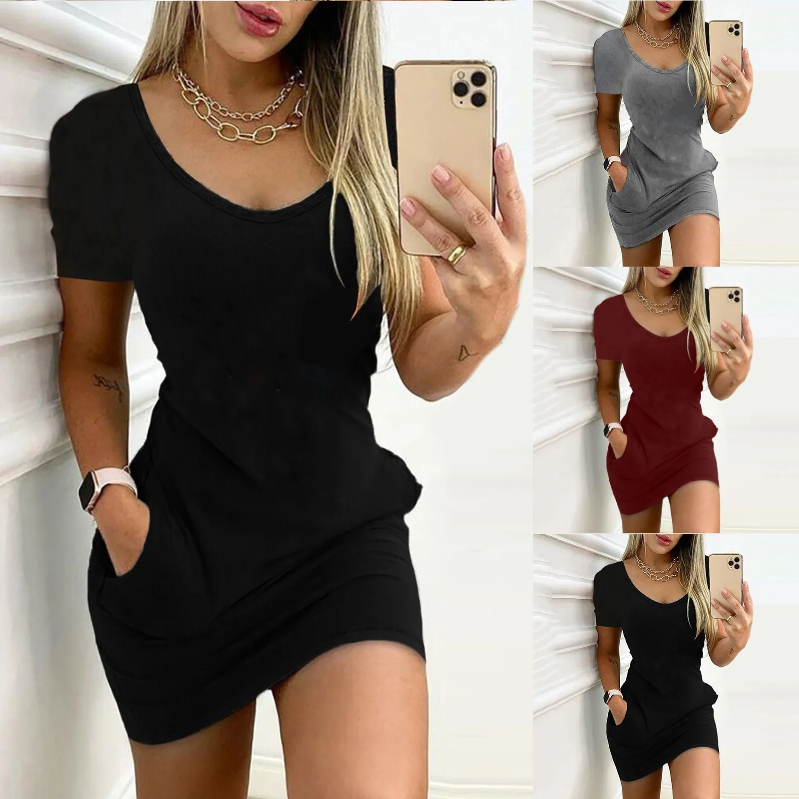 Verão sexy vestido feminino casual bolso manga curta bodycon hip vestidos feminino sólido decote ...