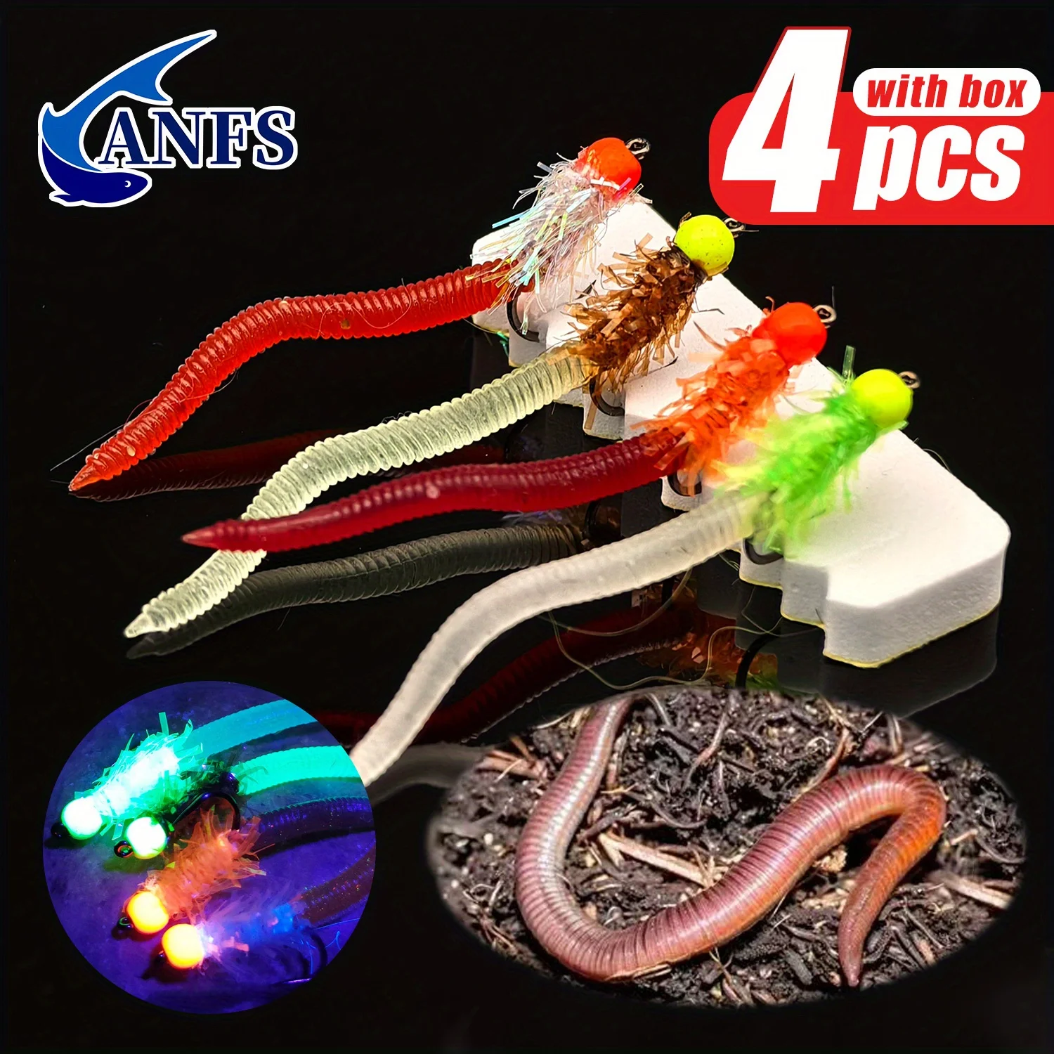 ANFS 4pcs Fly Fishing Flies with Storage Box-Soft Worm Fly Bait, Cool ...