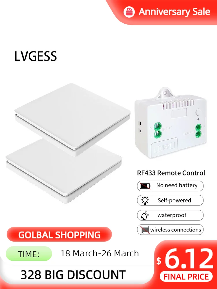 Switch Wireless Remote Controller 2 Way RF433 Push Button Wall Panel ...