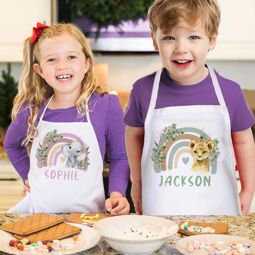Personalised Child Apron Rainbow Safari Animals with Name Apron Boys ...