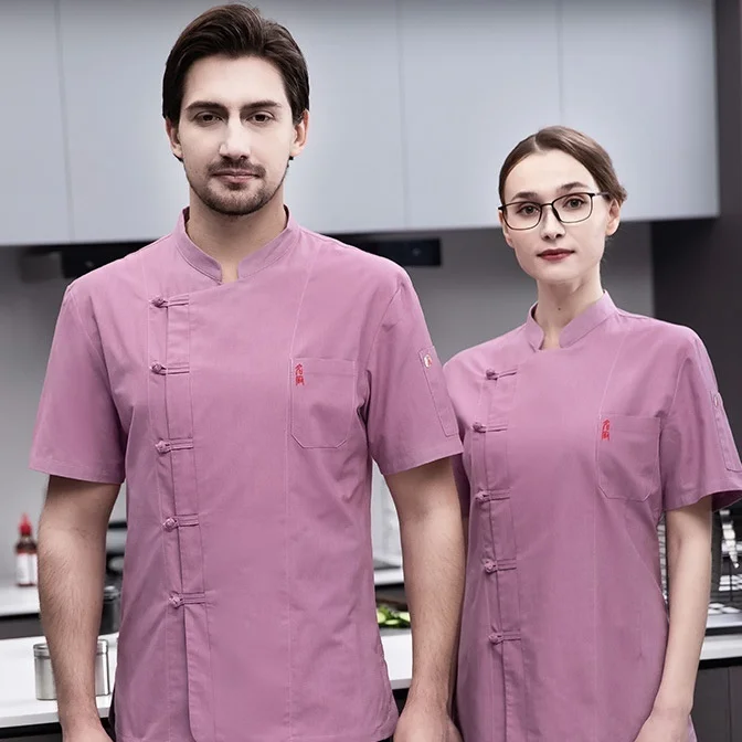 Short-Sleeve-Chef-Jacket-for-Men-Women-Pink-Restaurant-Waiter-Uniform ...