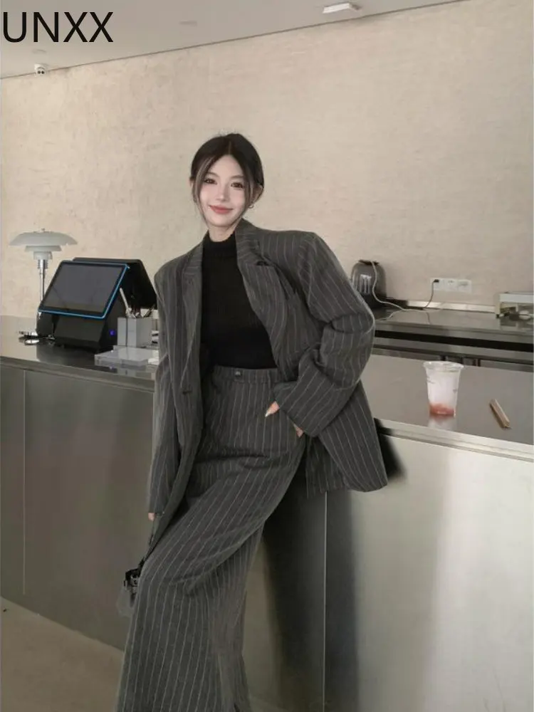 UNXX-Half-body-Skirt-Gray-Striped-Oversize-Two-Pieces-Suit-New-Lapel ...