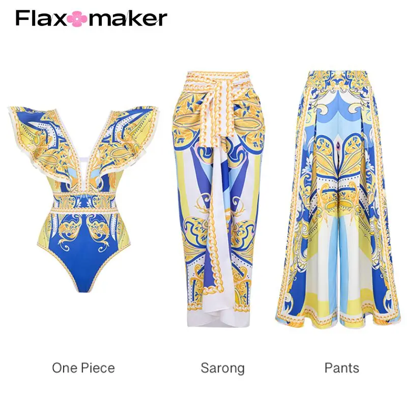 FLAXMAKER-V-Neck-Pattern-Print-One-Piece-Swimsuit-and-Sarong-or-Pants ...
