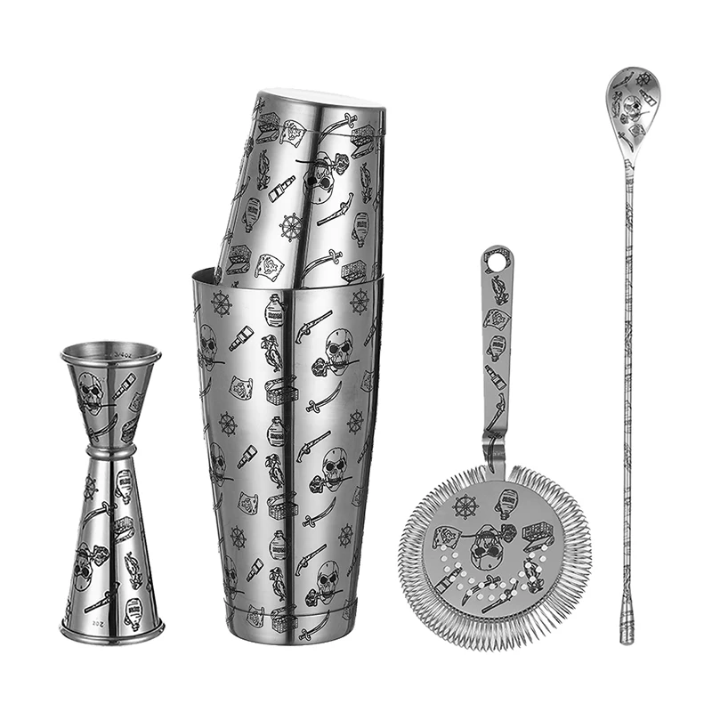 Tattoo Stainless Steel 5 Piece Cocktail Set Tin-on-Tin Shaker, Jigger ...