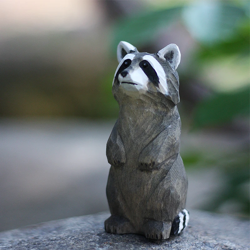 Little raccoon pure handmade wood carving ornaments solid wood animal ...