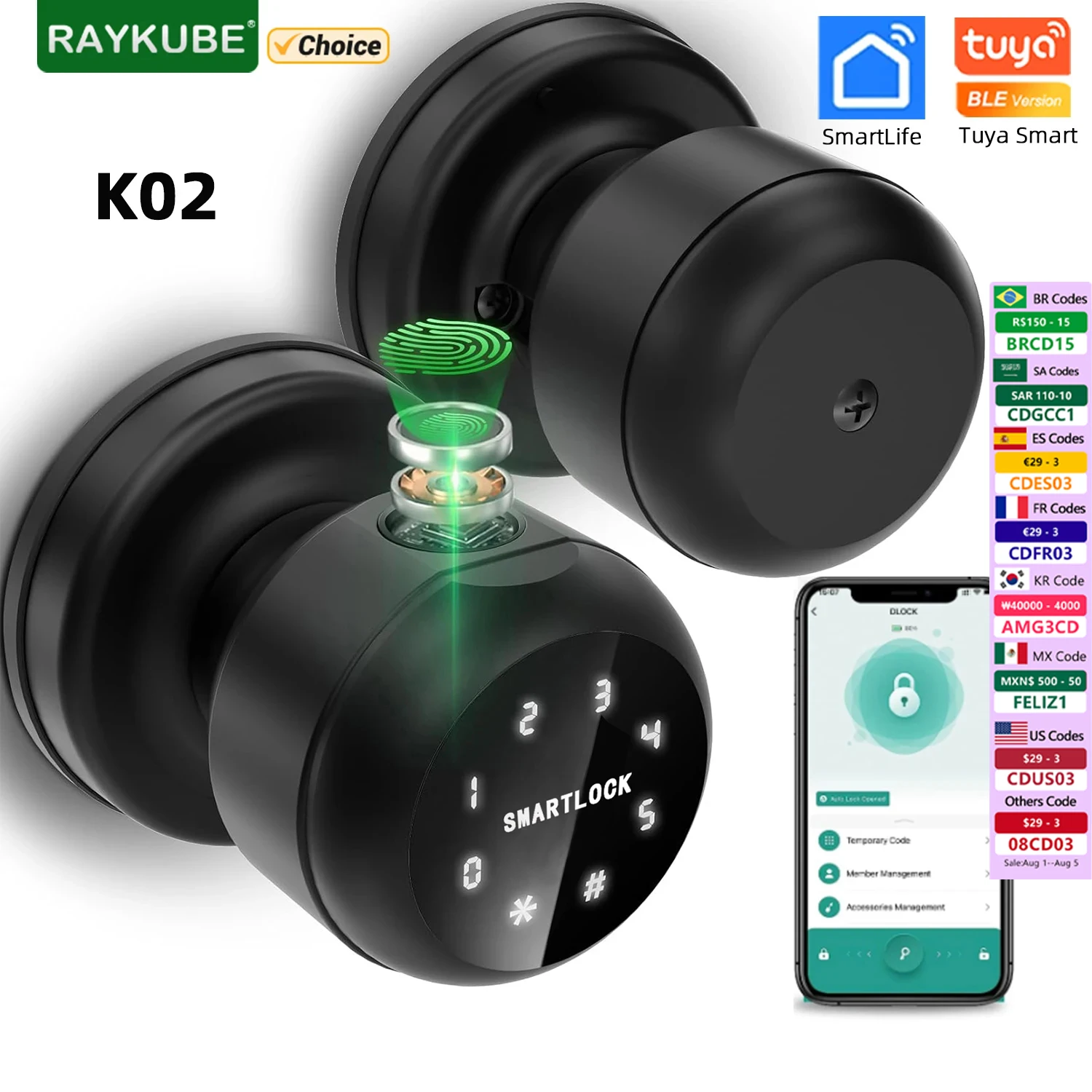 RAYKUBE-K02-Round-Knob-Fingerprint-Smart-Lock-Tuya-Bluetooth-Biometric ...