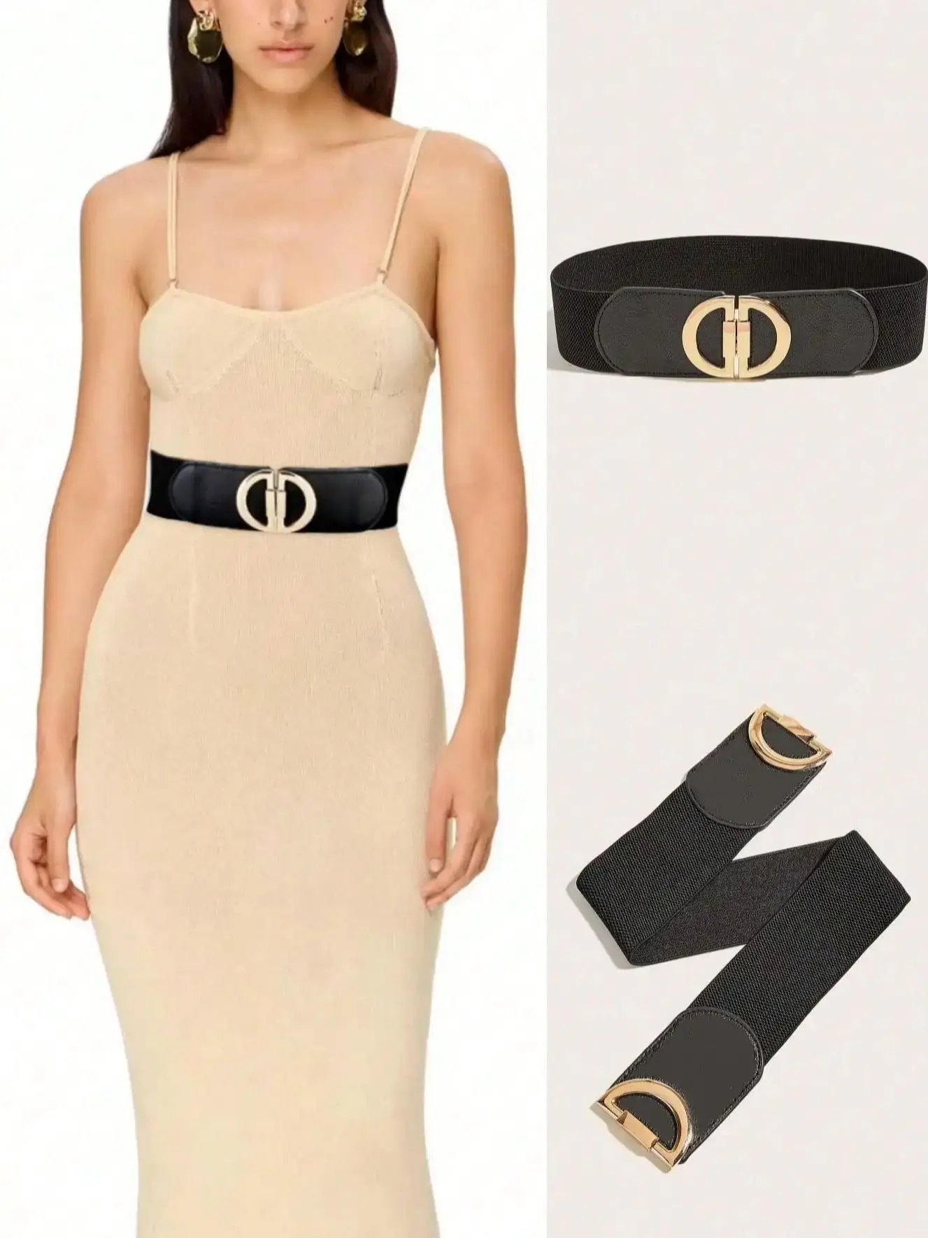 1pcs light luxury casual double D metal buckle elastic dress with wide ...