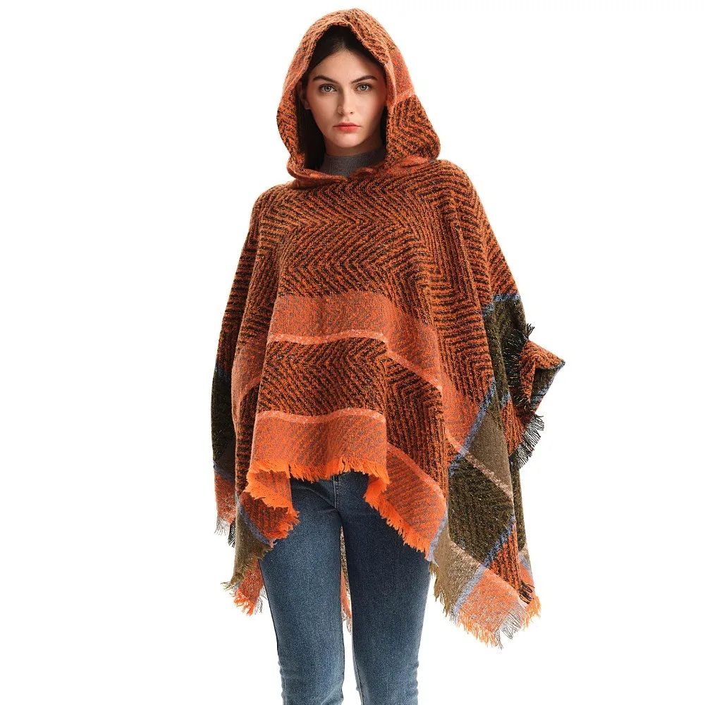 Ladies Hooded Shawl Pullover Cloak Fishbone Pattern Warm for Spring ...