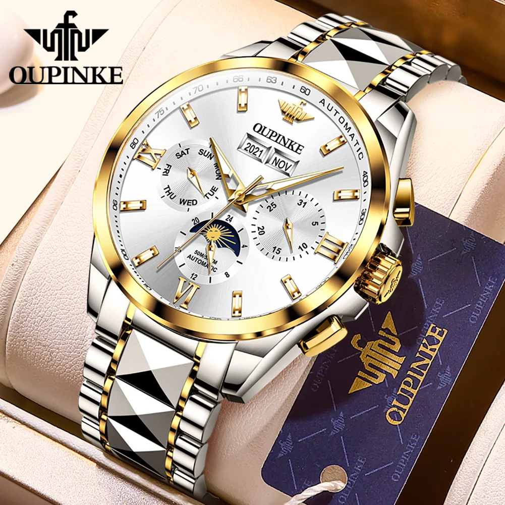 OUPINKE Automatic Mechanical Watch for Men Luxury Brand Tungsten Steel ...